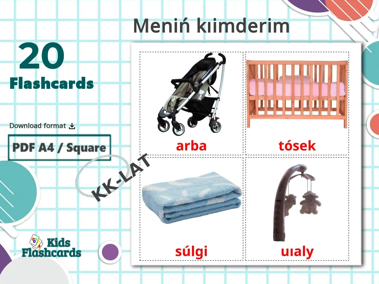 20 Printable Baby things Flashcards in Kazakh(latin) (Free PDF)