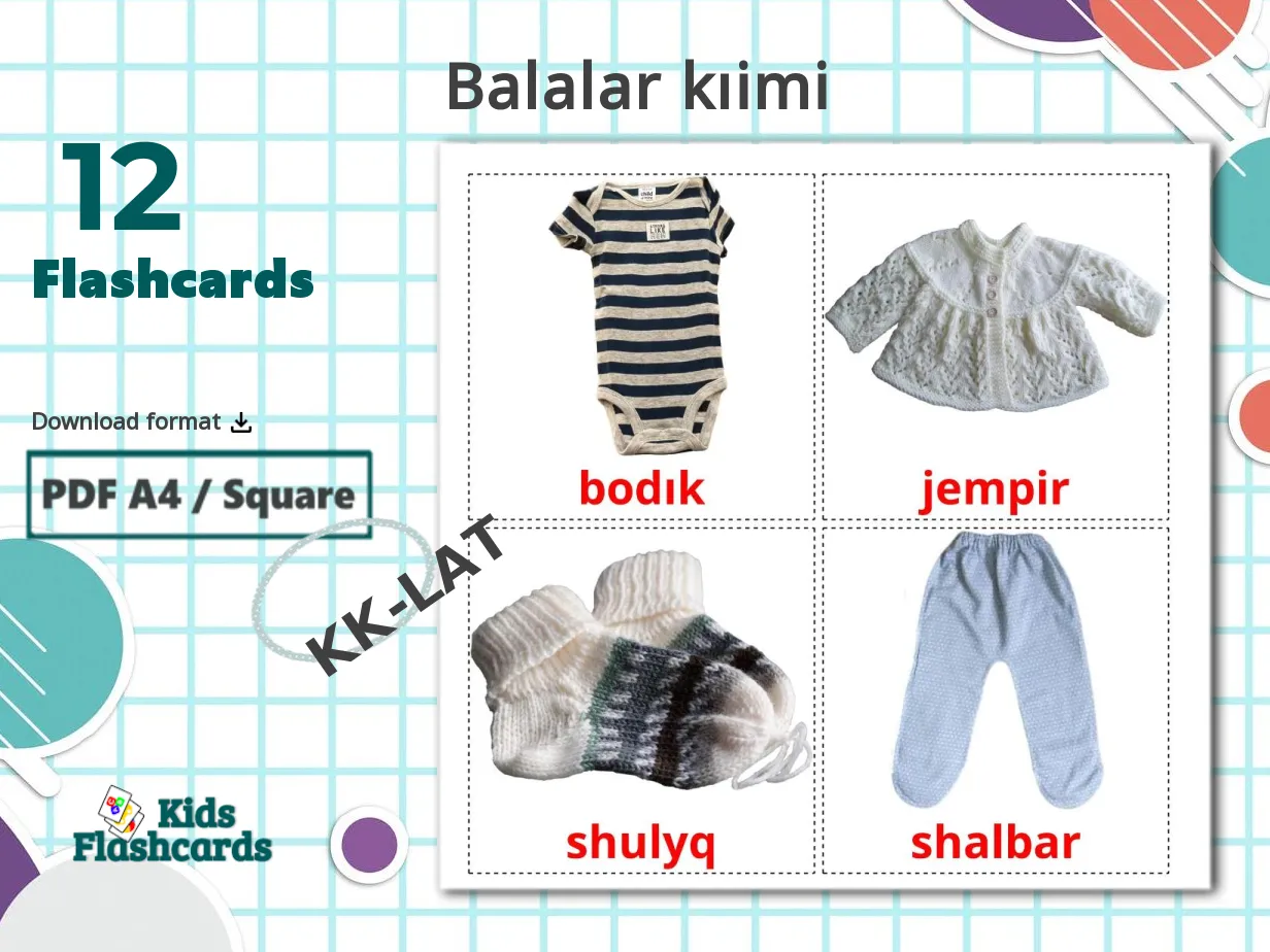 12 Printable Baby clothes Flashcards in Kazakh(latin) (Free PDF)