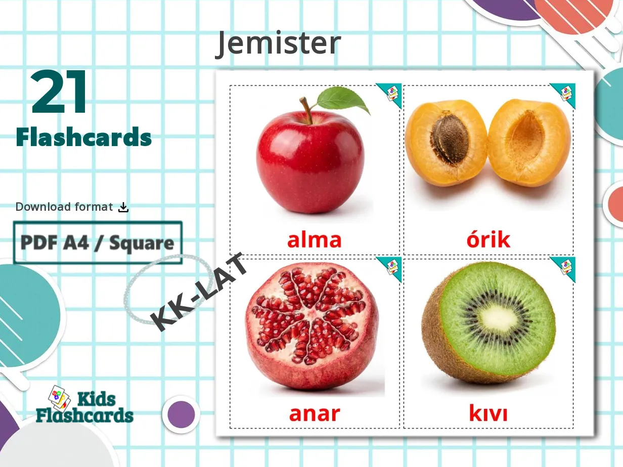 21 Printable Fruits Flashcards in Kazakh(latin) (Free PDF)