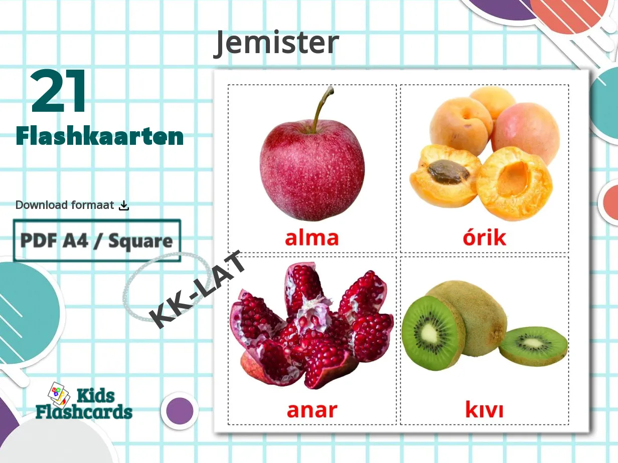 21 GRATIS Fruit Flashcards in 4 PDF formaten | Kazakh(latijn) Afbeeldingen