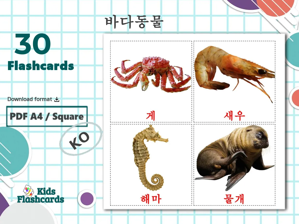 30 Printable Sea animals Flashcards in Korean (Free PDF)