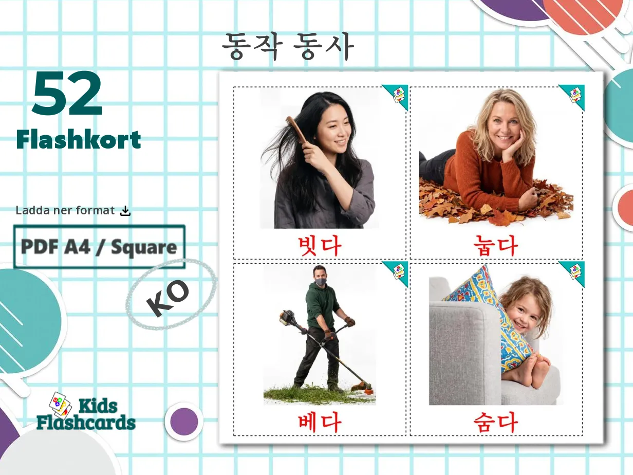 52 GRATIS Handlings verb bildkort i 4 PDF-format | Koreanska bilder