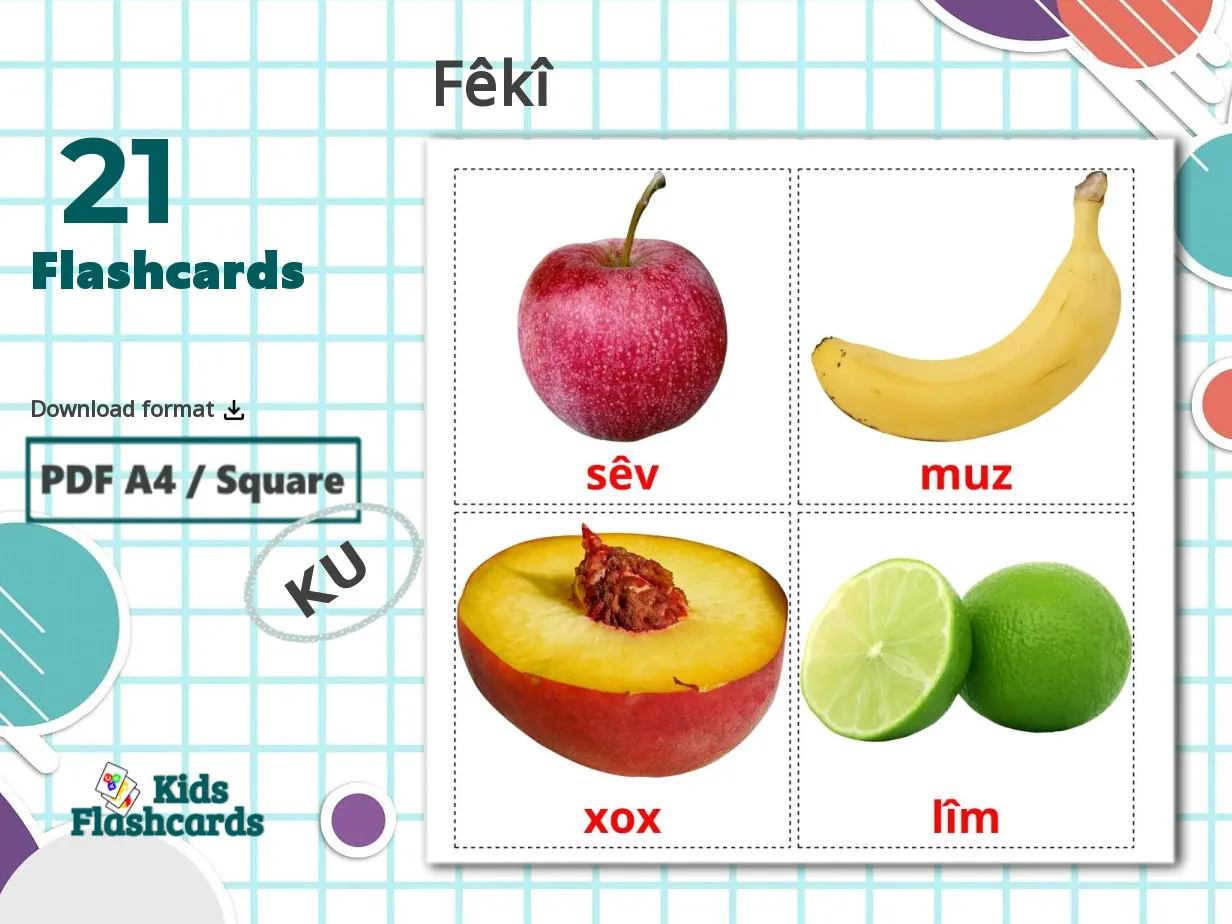 21 Printable Fruits Flashcards in Kurdish(kurmanj) (Free PDF)