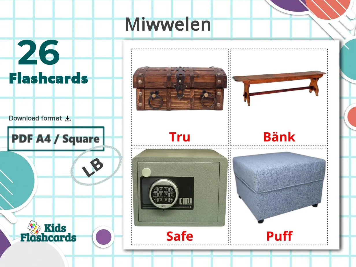 26 Printable Furniture Flashcards in Luxembourgish (Free PDF)