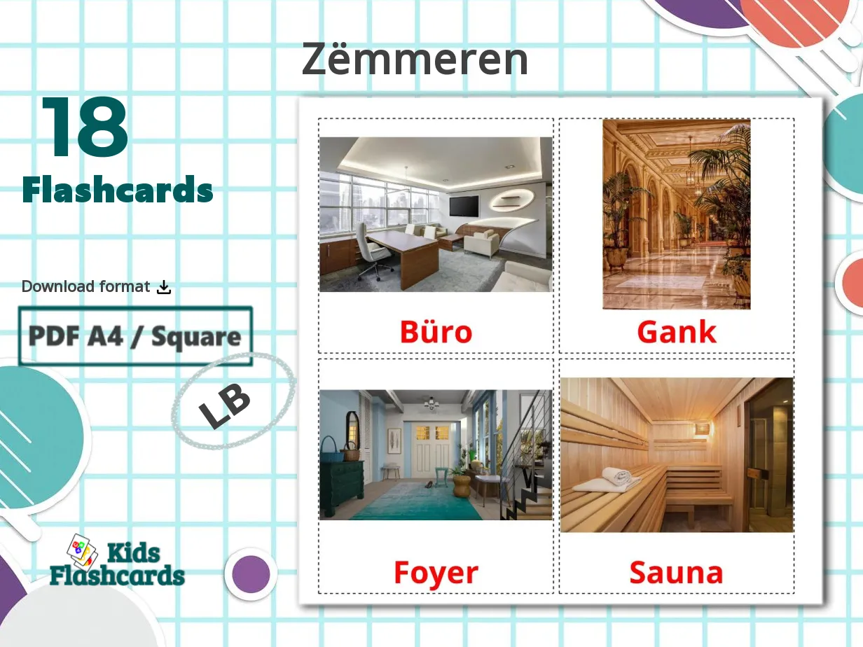18 Printable Rooms Flashcards in Luxembourgish (Free PDF)