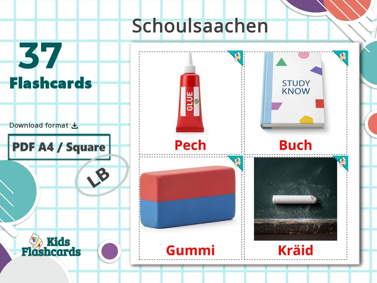 37 Printable Classroom objects Flashcards in Luxembourgish (Free PDF)
