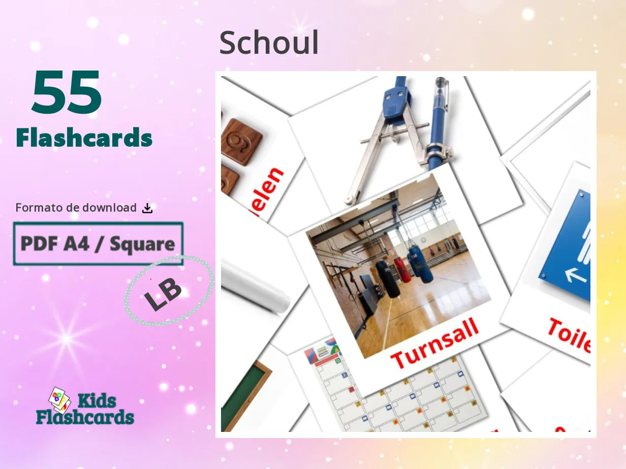 55 Flashcards de Escola GRÁTIS em Luxemburguês | 4 PDFs imprimíveis