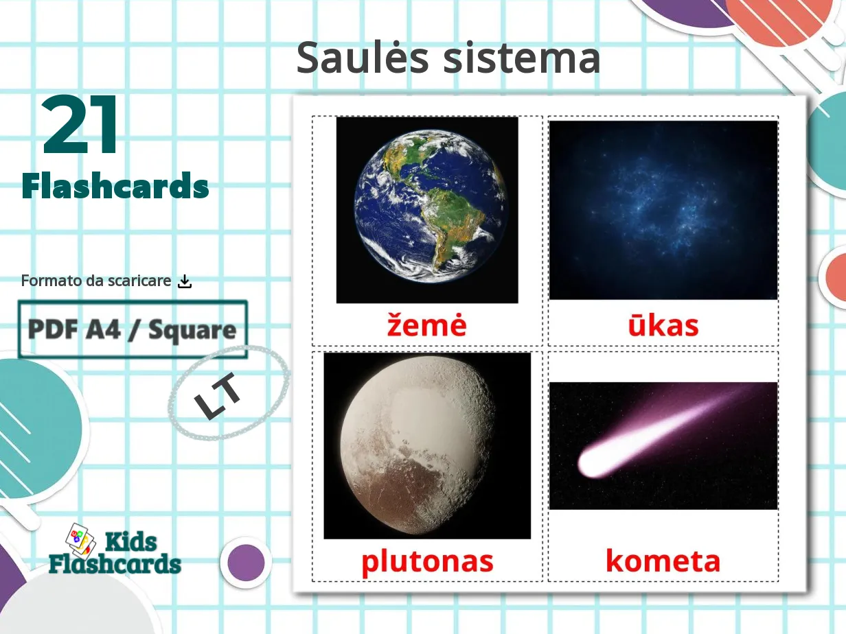 21 Flashcard GRATUITE sui Sistema solare in 4 Formati PDF | Immagini in Lituano