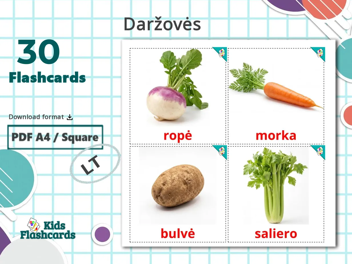 30 Printable Vegetables Flashcards in Lithuanian (Free PDF)