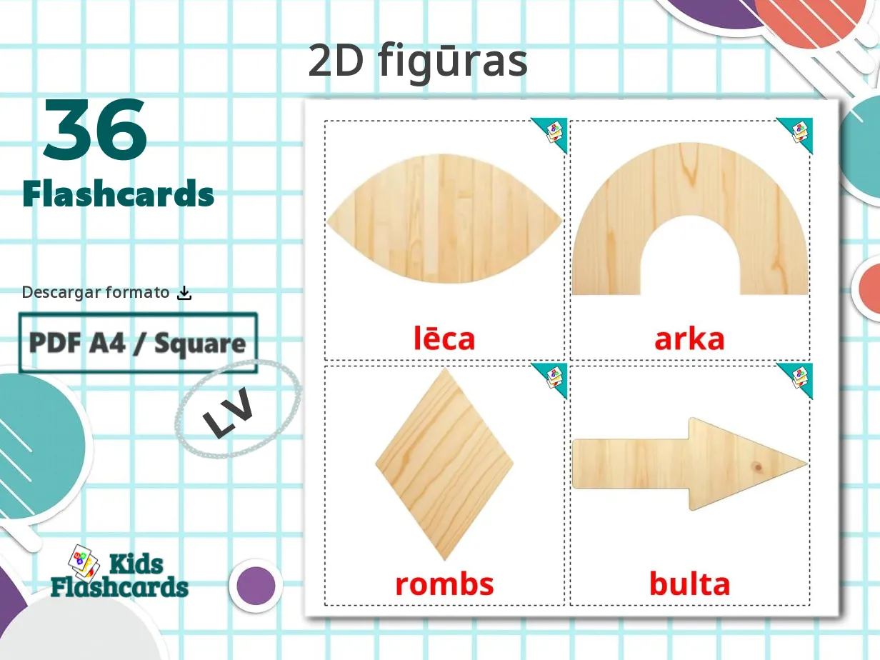 36 Tarjetas de Aprendizaje de Figuras 2D GRATIS en PDF | Imágenes en Letón