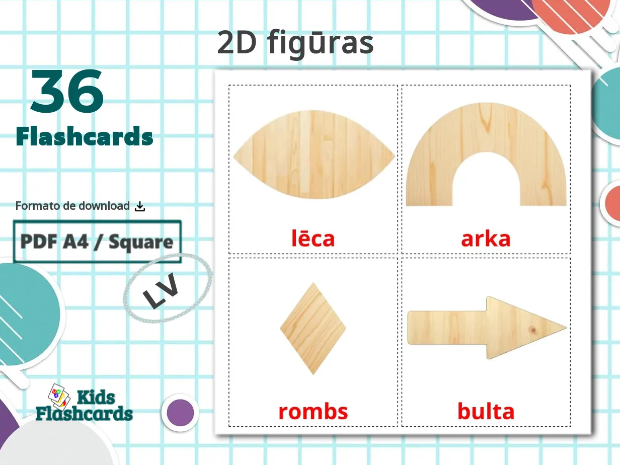 36 Cartões linguagem de Formas 2D GRÁTIS em 4 formatos PDF | Letão Pictures