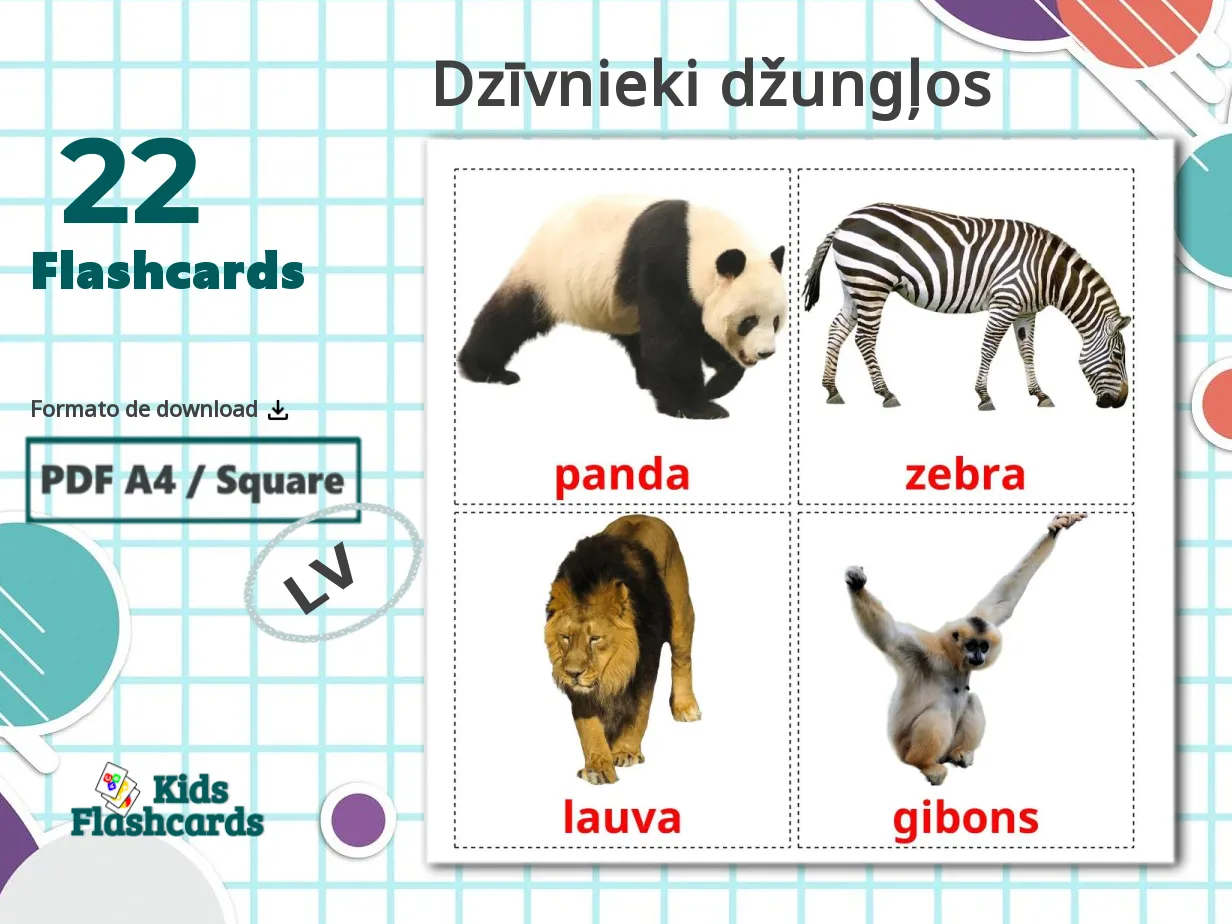 22 Cartões linguagem de Animais da Selva GRÁTIS em 4 formatos PDF | Letão Pictures