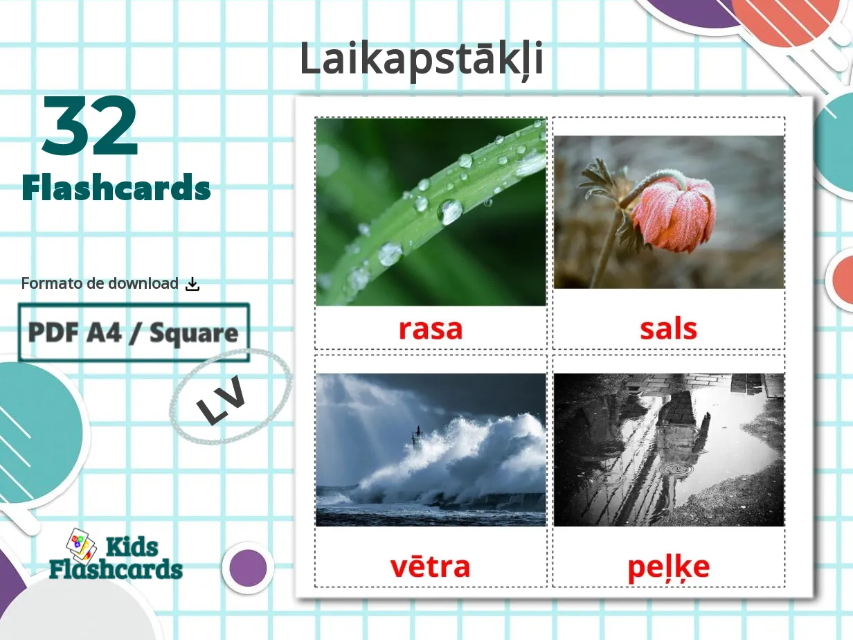 32 Cartões linguagem de Clima GRÁTIS em 4 formatos PDF | Letão Pictures