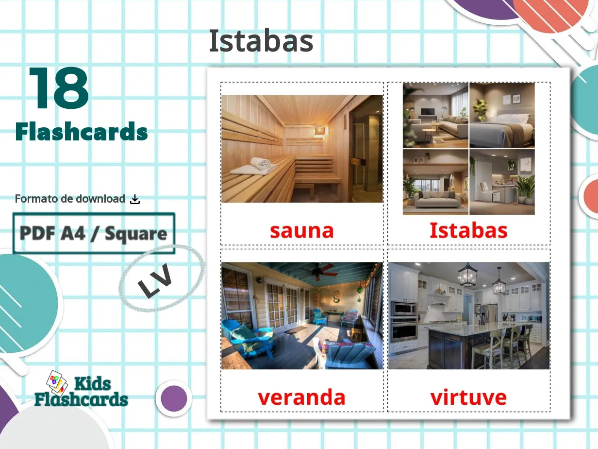 18 Cartões linguagem de Quartos GRÁTIS em 4 formatos PDF | Letão Pictures