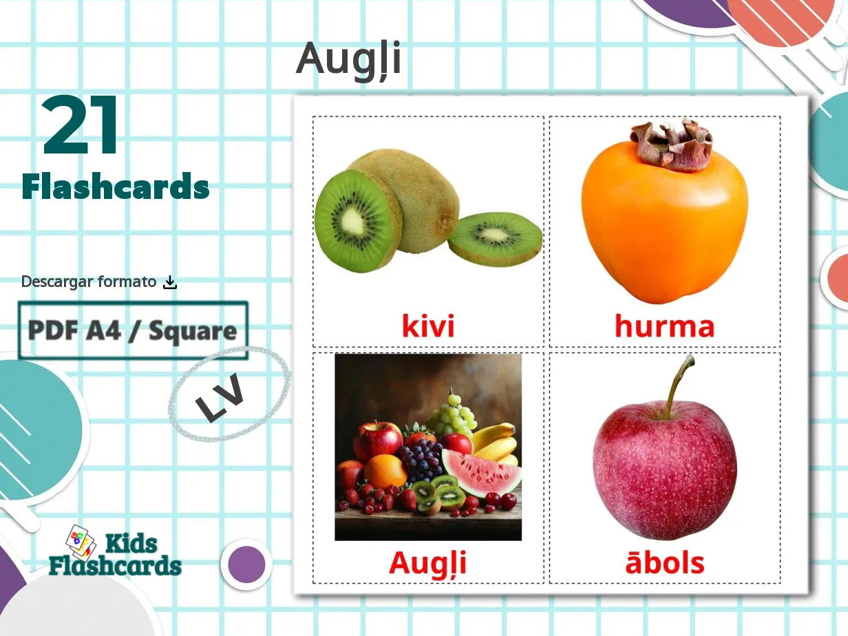 21 Tarjetas de Aprendizaje de Frutas GRATIS en PDF | Imágenes en Letón
