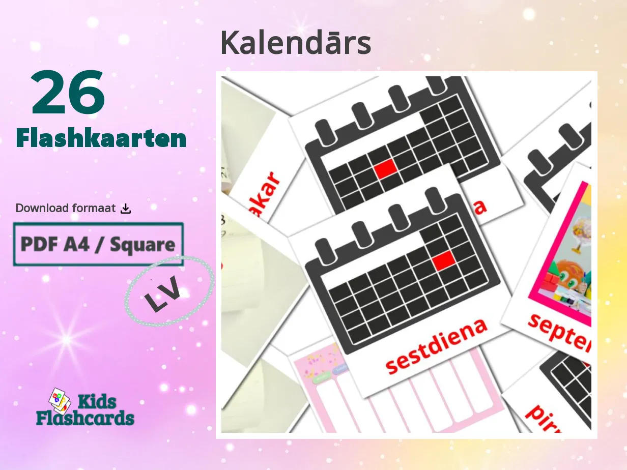 26 GRATIS Kalender Flashcards in het Lets | 4 Printbare PDF's