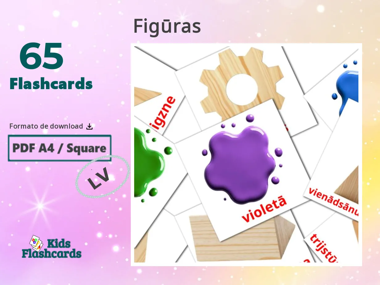 65 Flashcards de Cores e formas GRÁTIS em Letão | 4 PDFs imprimíveis