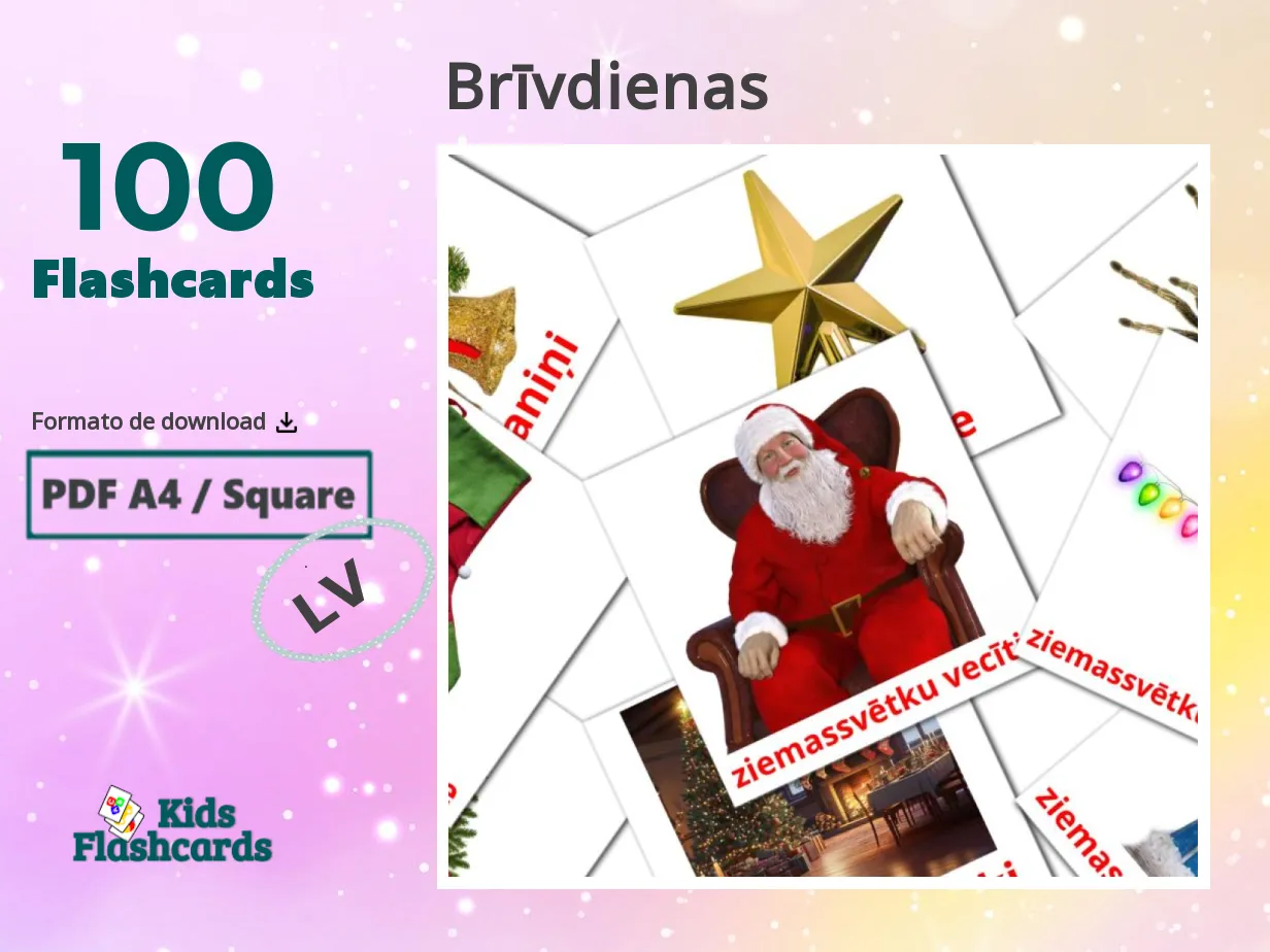 100 Flashcards de Feriados GRÁTIS em Letão | 4 PDFs imprimíveis