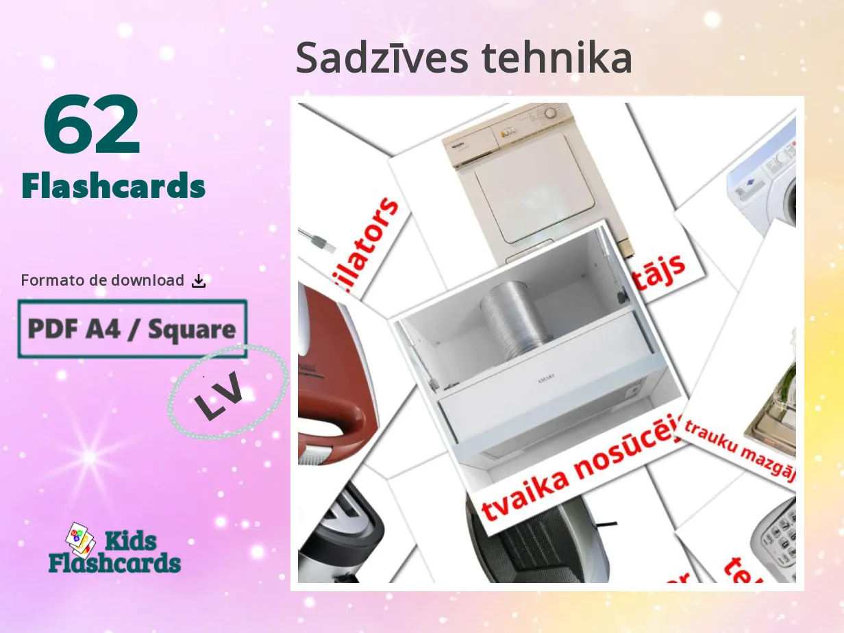 62 Flashcards de Eletrodomésticos GRÁTIS em Letão | 4 PDFs imprimíveis