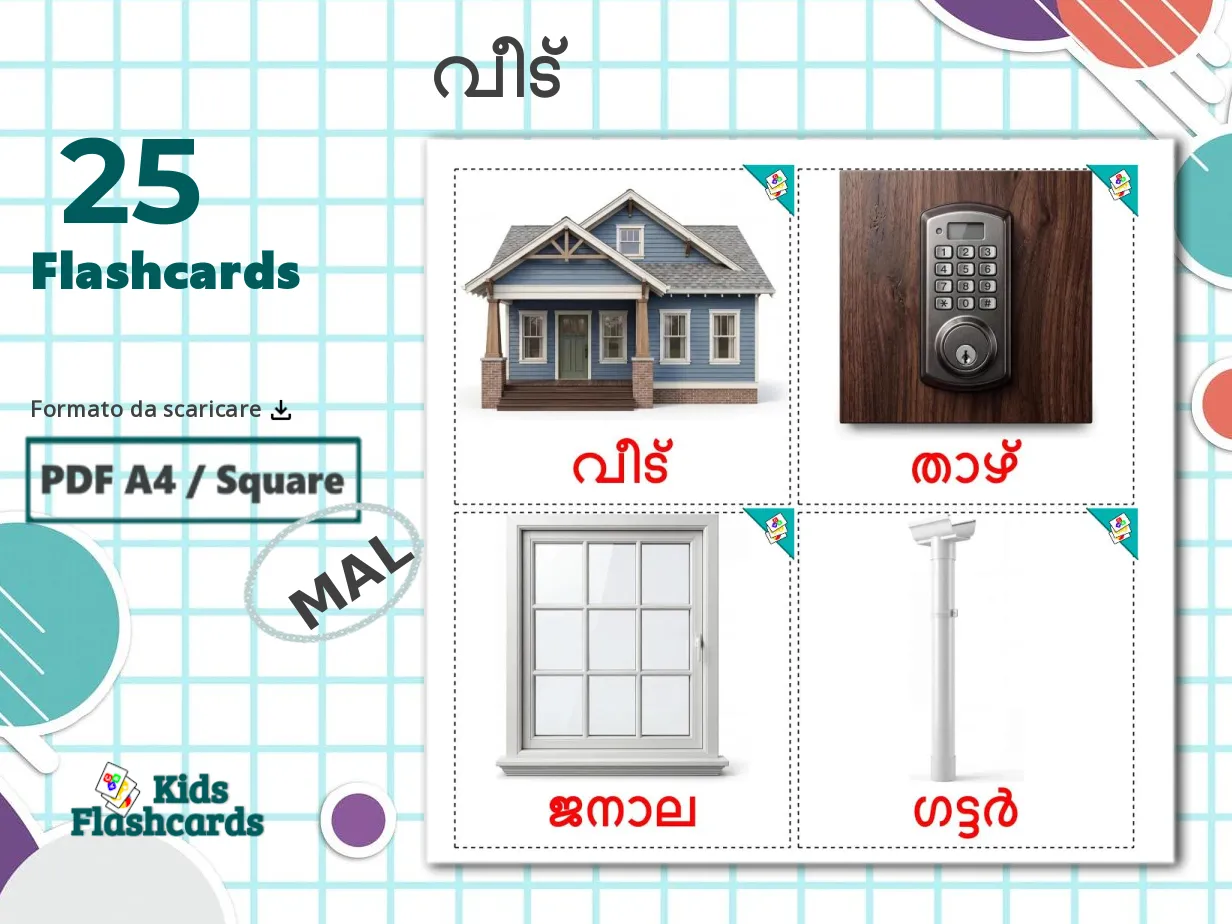 25 Flashcard GRATUITE sui Casa in 4 Formati PDF | Immagini in Malayalam
