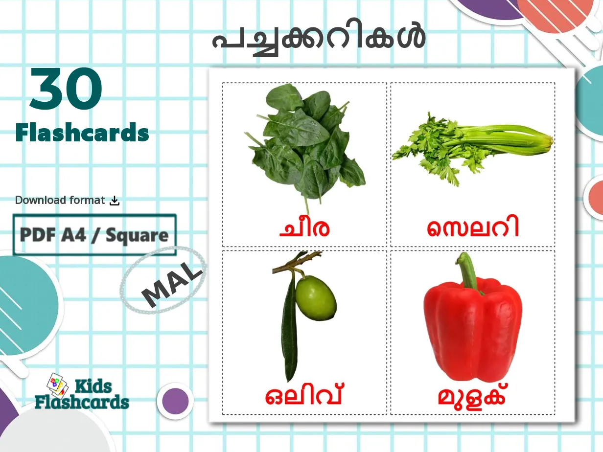 30 Printable Vegetables Flashcards in Malayalam (Free PDF)