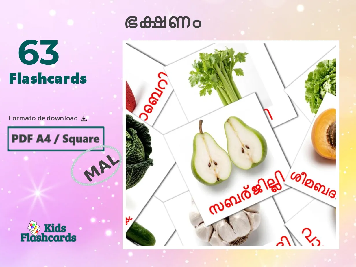 63 Flashcards de Comida GRÁTIS em Malayalam | 4 PDFs imprimíveis