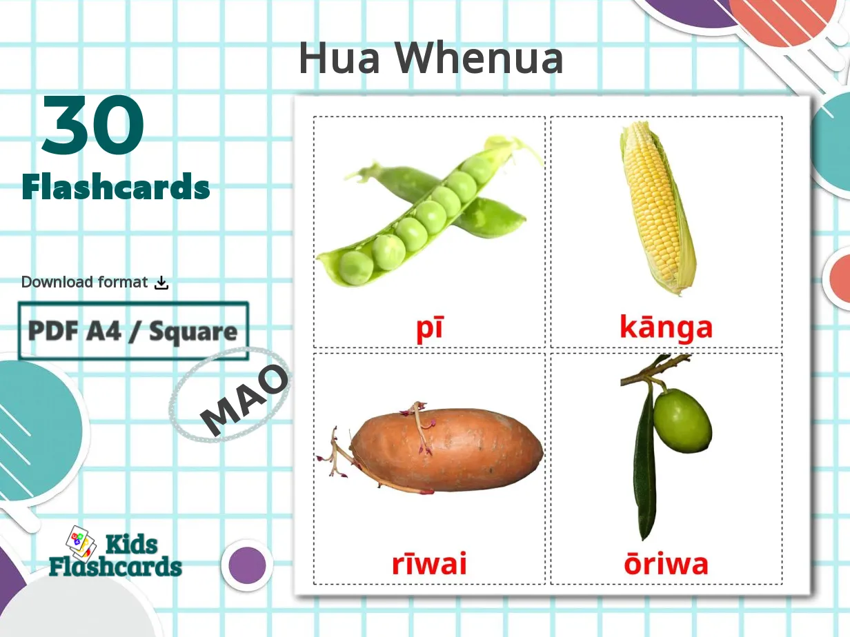 30 Printable Vegetables Flashcards in Maori (Free PDF)