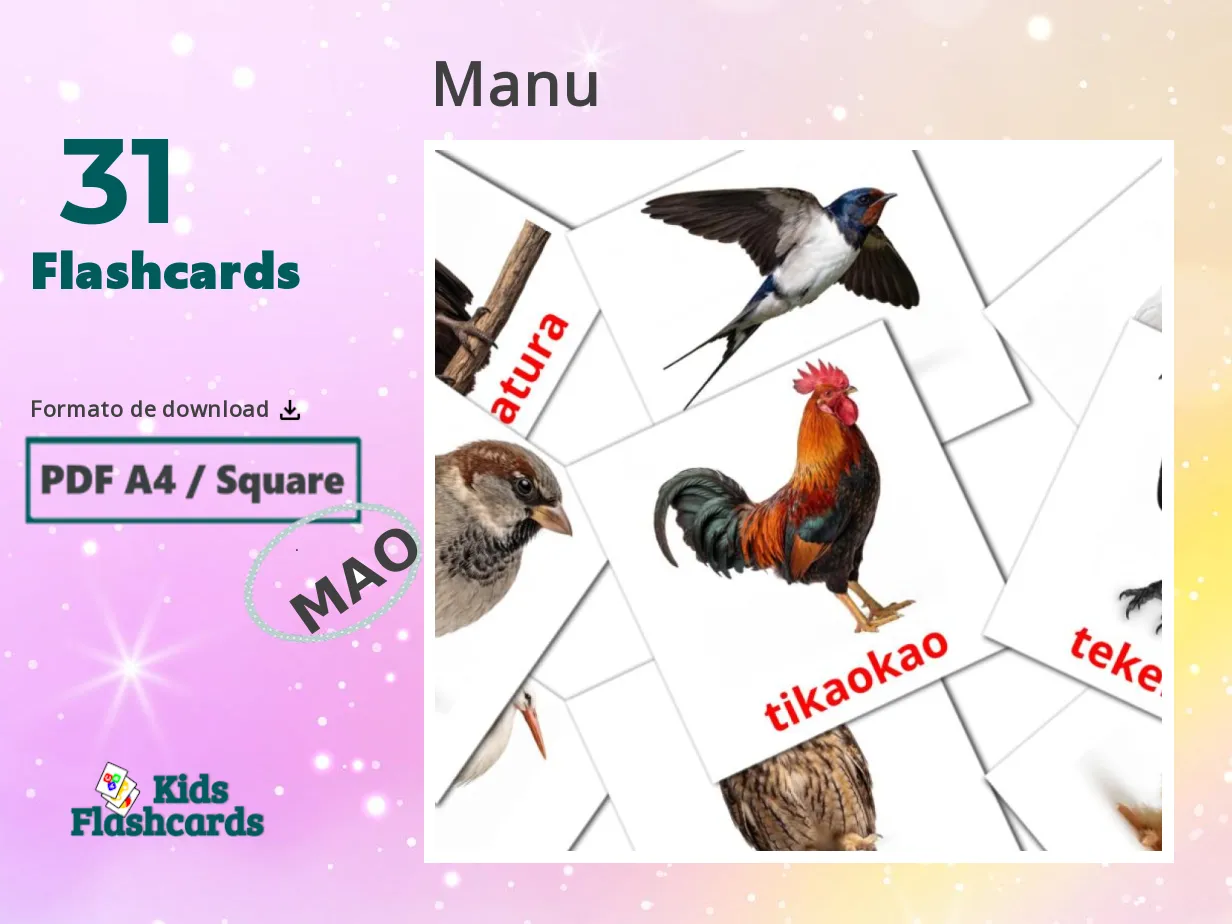 31 Flashcards de Pássaros GRÁTIS em Maori | 4 PDFs imprimíveis