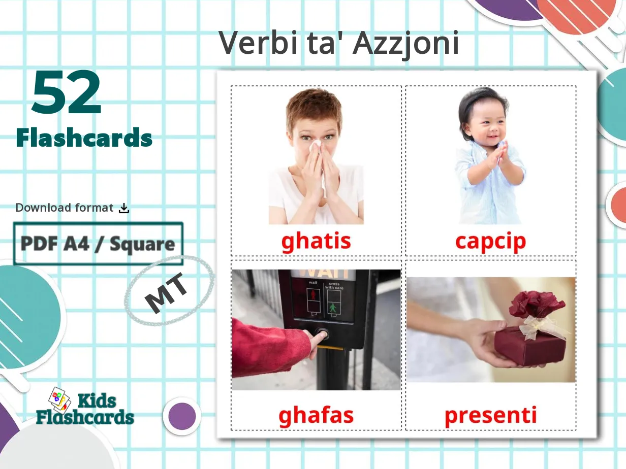 52 Printable Action verbs Flashcards in Maltese (Free PDF)