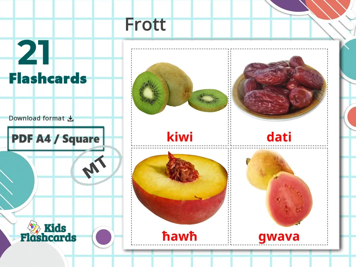 21 Printable Fruits Flashcards in Maltese (Free PDF)