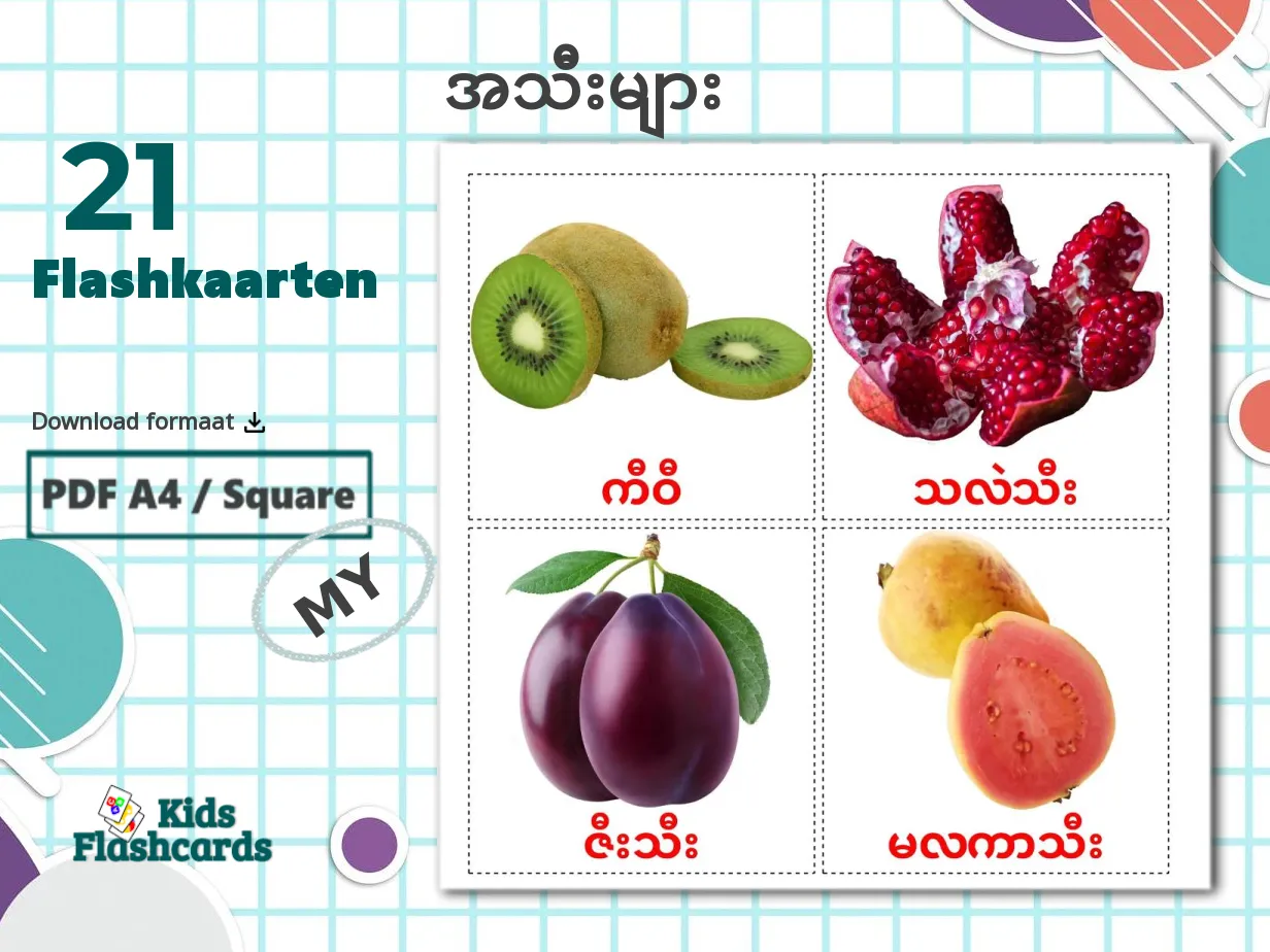 21 GRATIS Fruit Flashcards in 4 PDF formaten | Birmese Afbeeldingen
