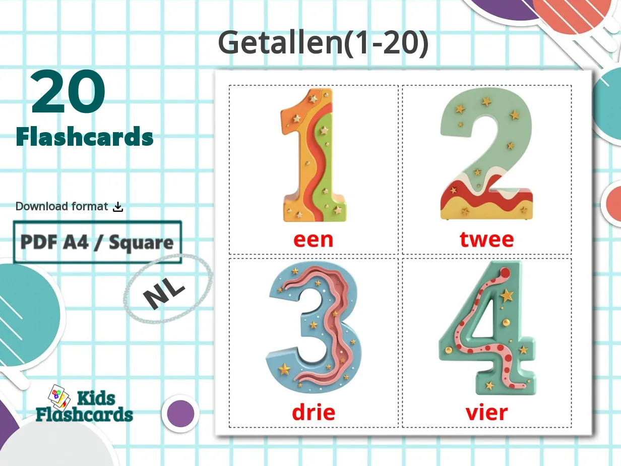 20 Printable Numbers (1-20) Flashcards in Dutch (Free PDF)