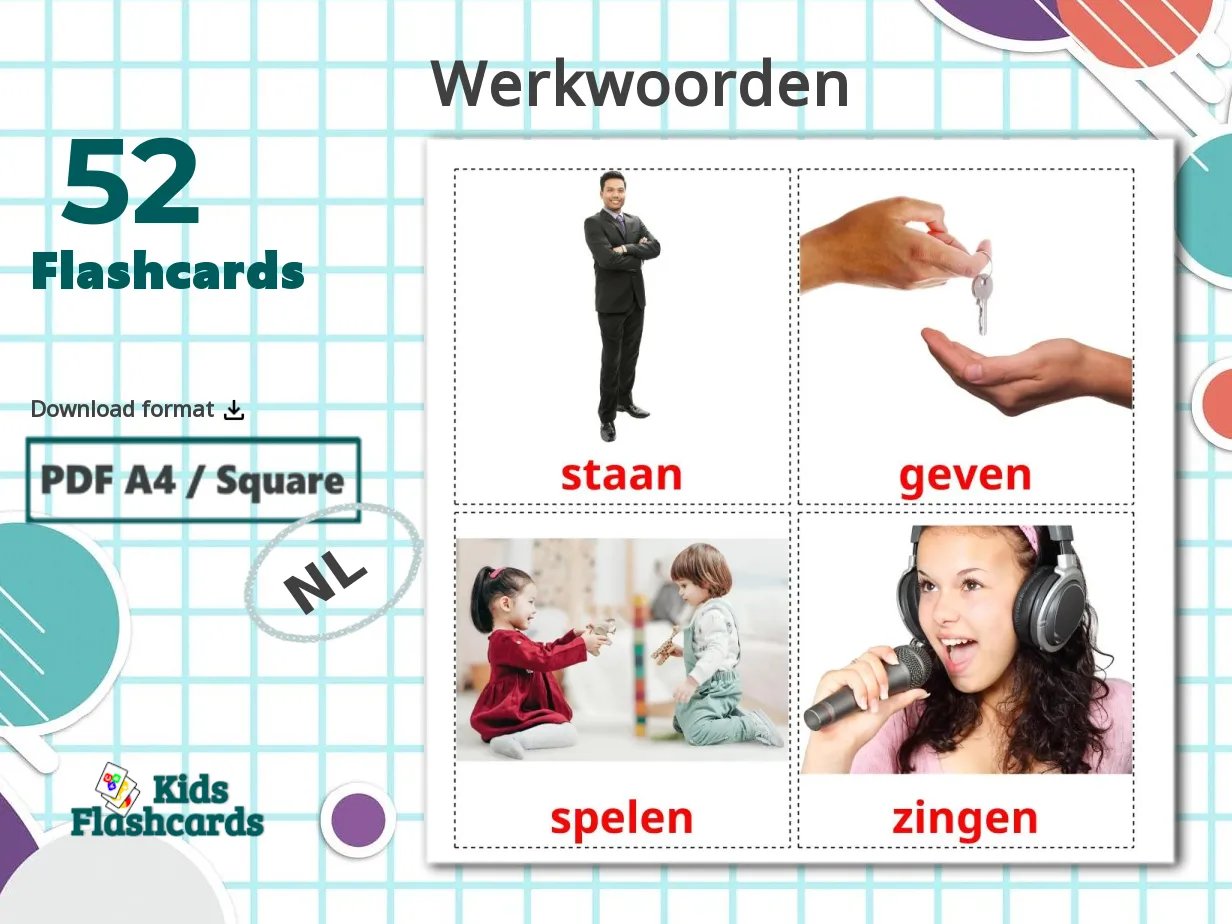 52 Printable Action verbs Flashcards in Dutch (Free PDF)