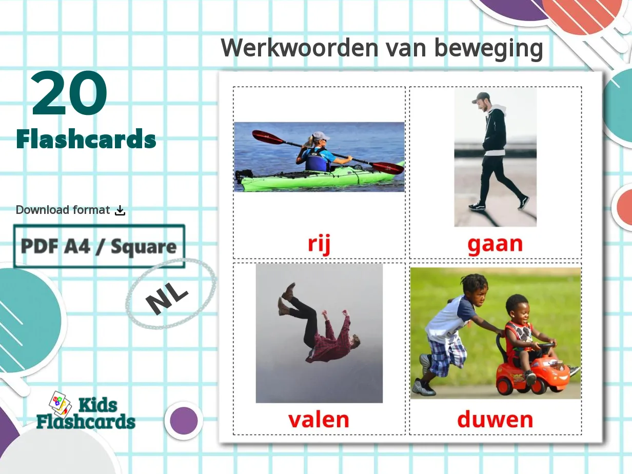 20 Printable Movement verbs Flashcards in Dutch (Free PDF)