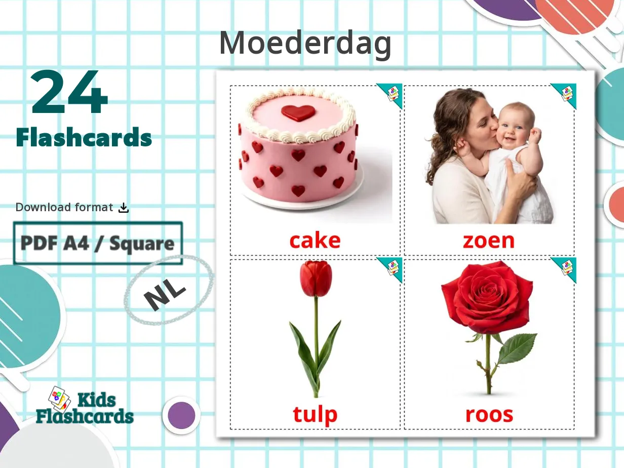24 Printable Mother's day Flashcards in Dutch (Free PDF)