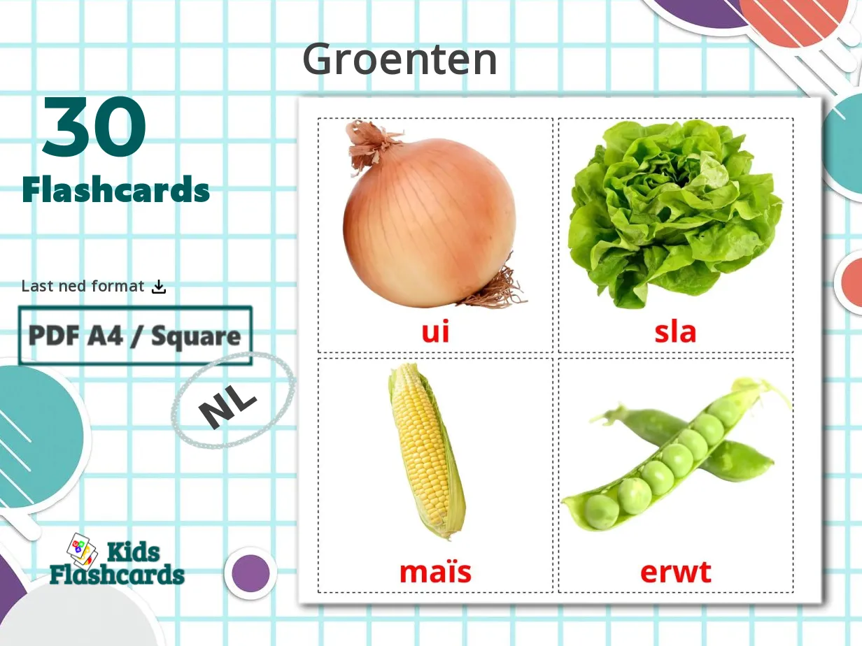 30 GRATIS Grønnsaker bildekort i 4 PDF-formater | bilder på Nederlandsk