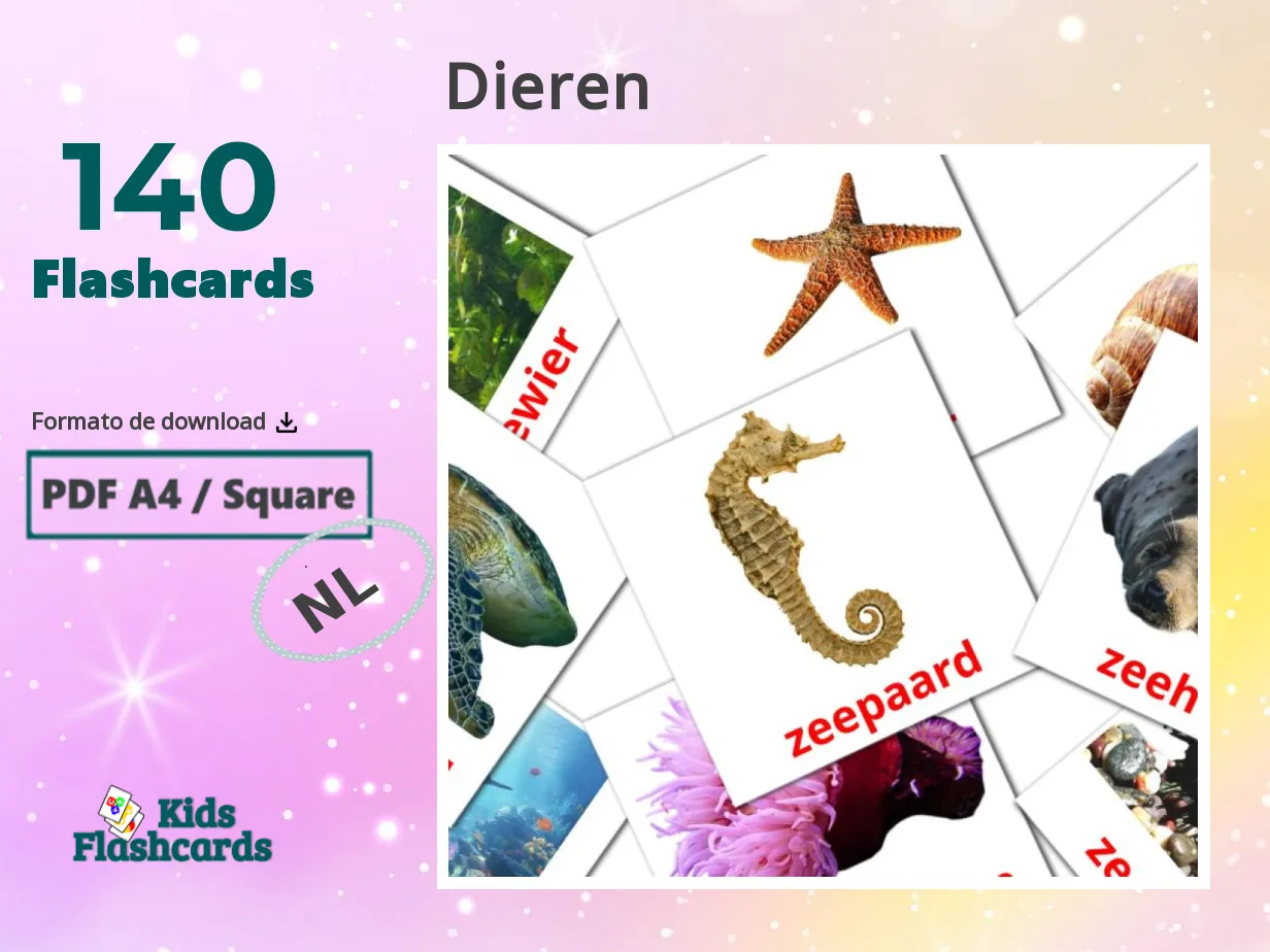 140 Flashcards de Animais GRÁTIS em Dutch | 4 PDFs imprimíveis
