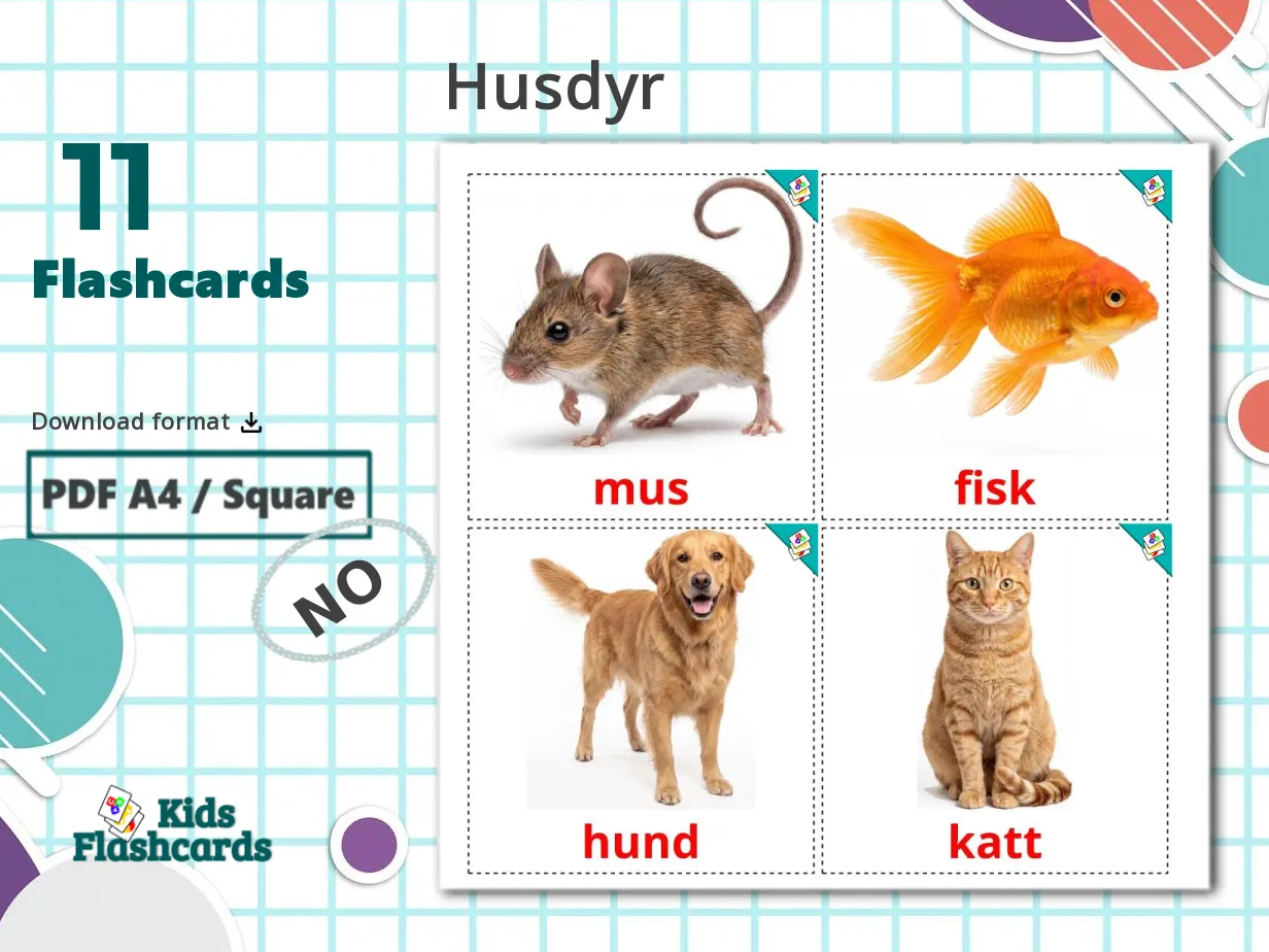11 Printable Domestic animals Flashcards in Norwegian (Free PDF)