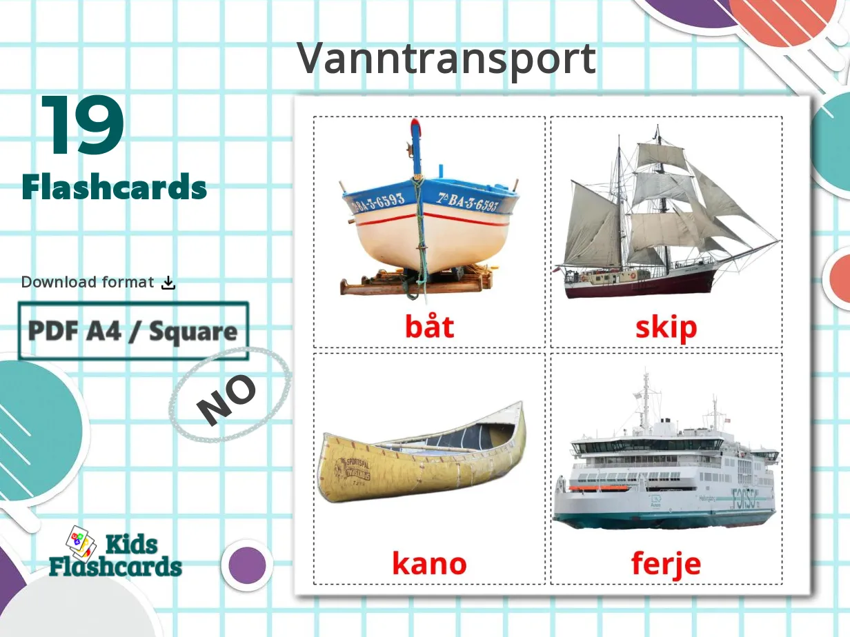19 Printable Water transport Flashcards in Norwegian (Free PDF)