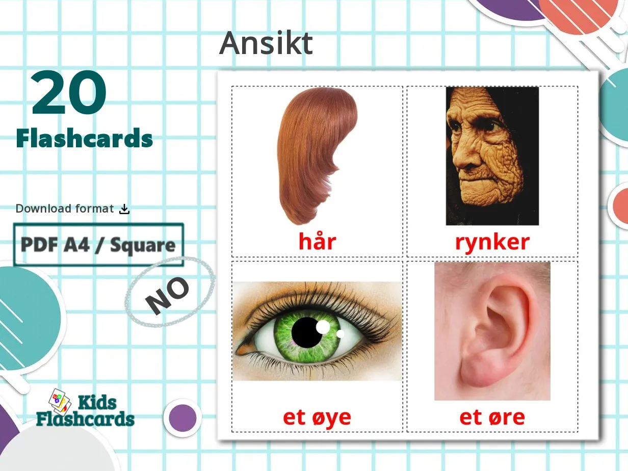 20 Printable Face Flashcards in Norwegian (Free PDF)