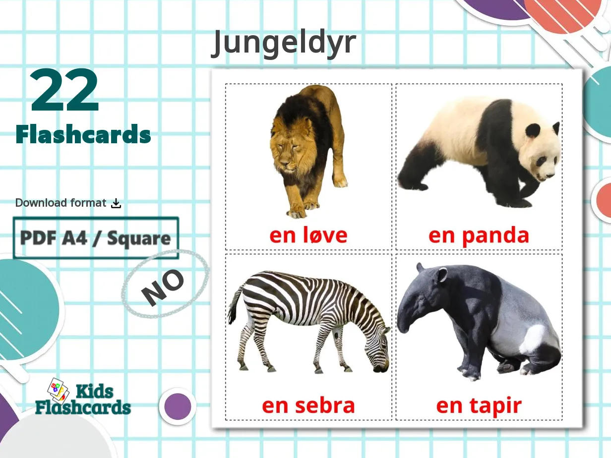 22 Printable Jungle animals Flashcards in Norwegian (Free PDF)