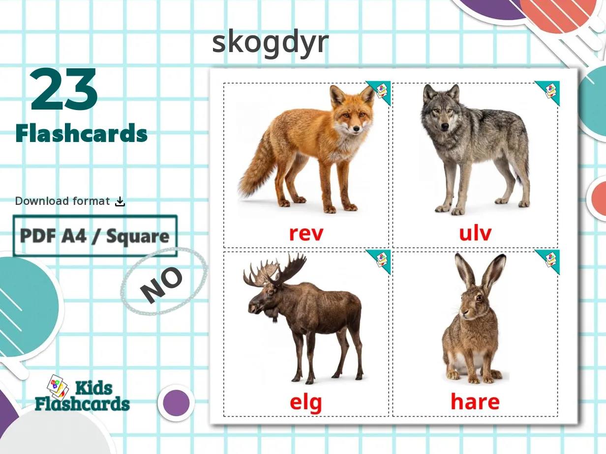 23 Printable Forest animals Flashcards in Norwegian (Free PDF)