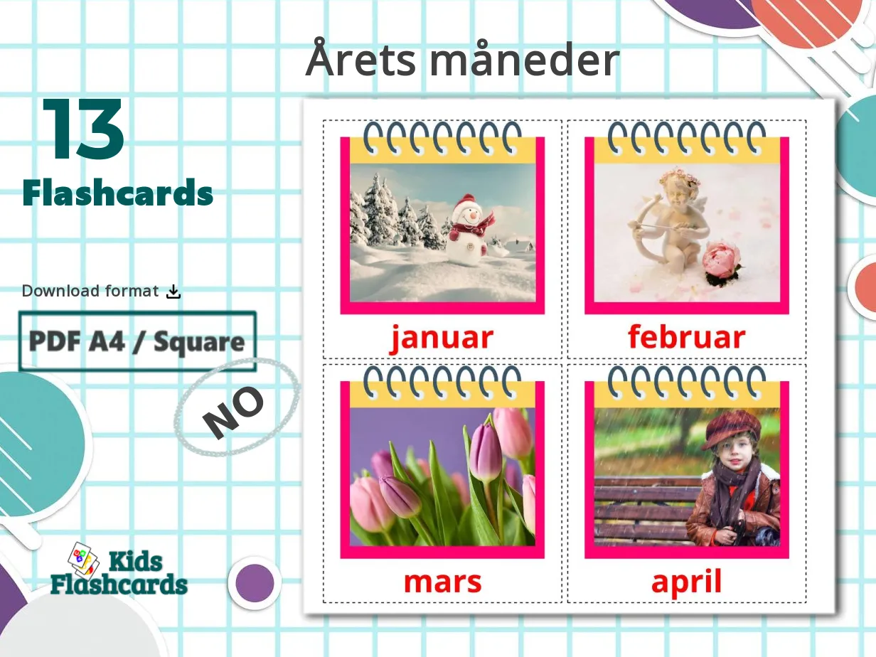 13 Printable Months of the Year Flashcards in Norwegian (Free PDF)