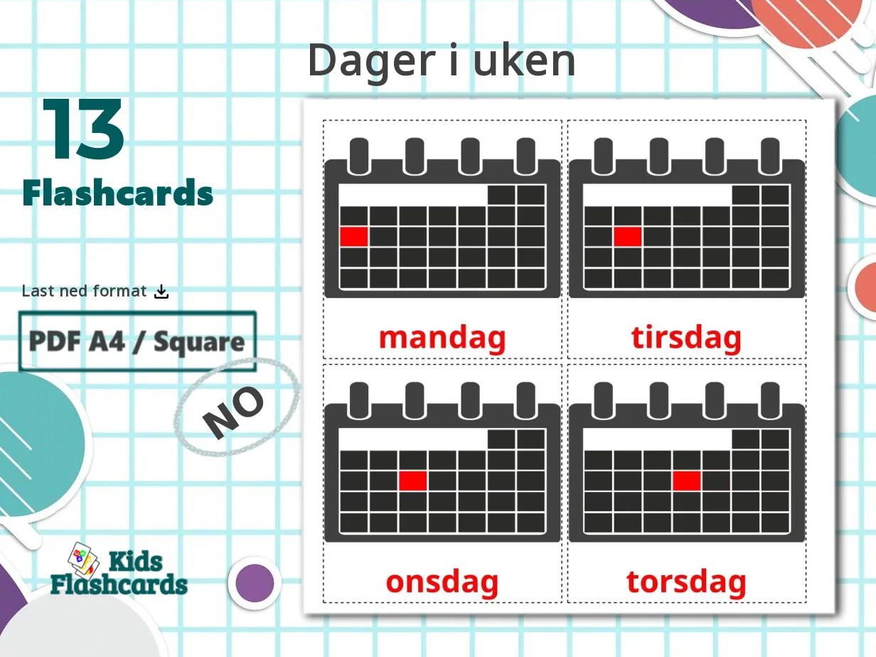 13 GRATIS Dager i uken bildekort i 4 PDF-formater | bilder på Norsk