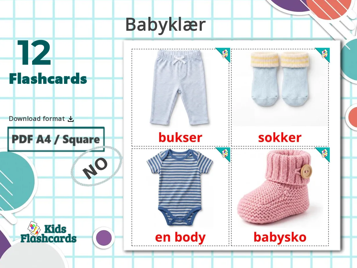 12 Printable Baby clothes Flashcards in Norwegian (Free PDF)