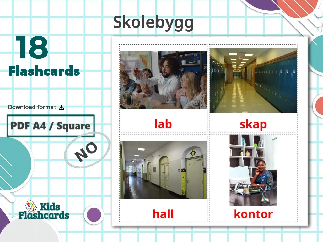 18 Printable School building Flashcards in Norwegian (Free PDF)