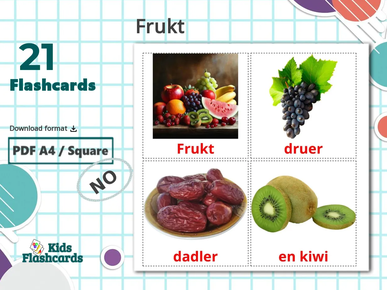 21 Printable Fruits Flashcards in Norwegian (Free PDF)