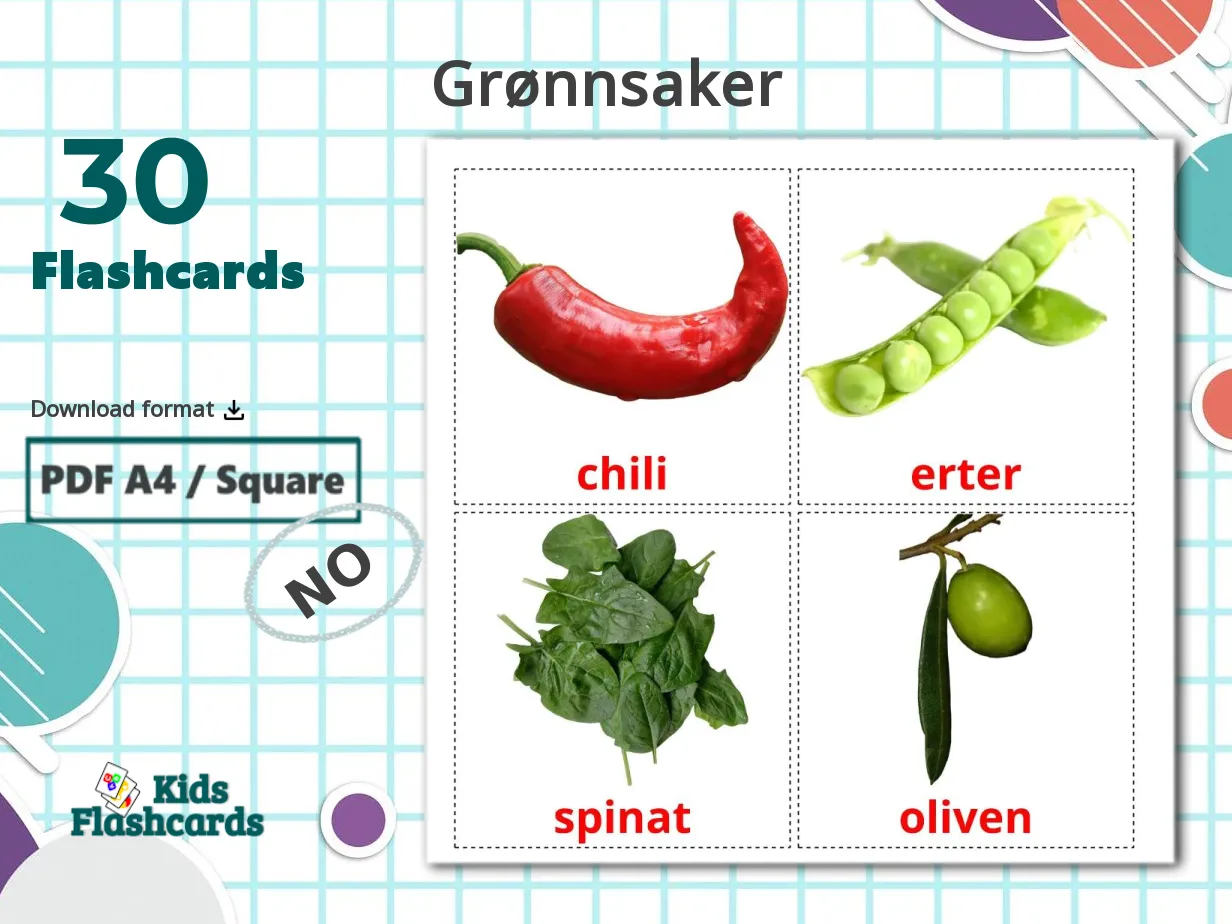 30 Printable Vegetables Flashcards in Norwegian (Free PDF)