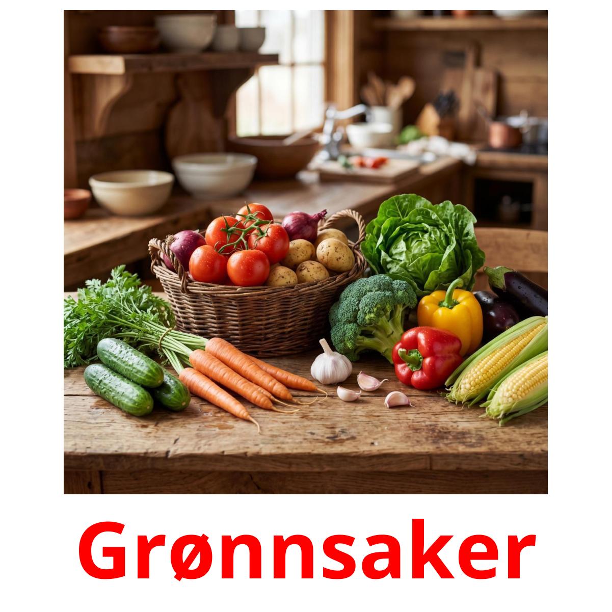 30 Printable Vegetables Flashcards in Norwegian (Free PDF)