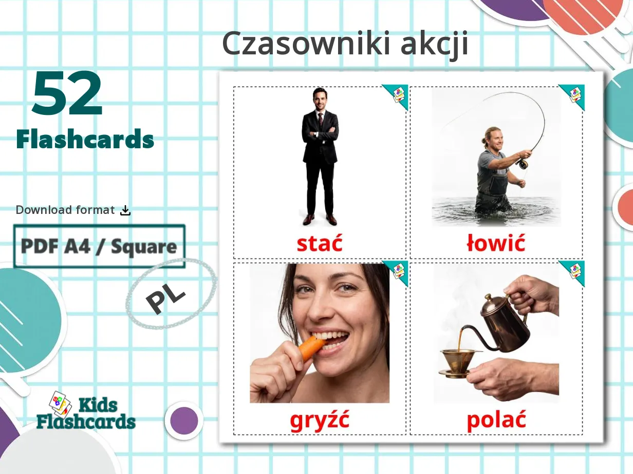 52 Printable Action verbs Flashcards in Polish (Free PDF)